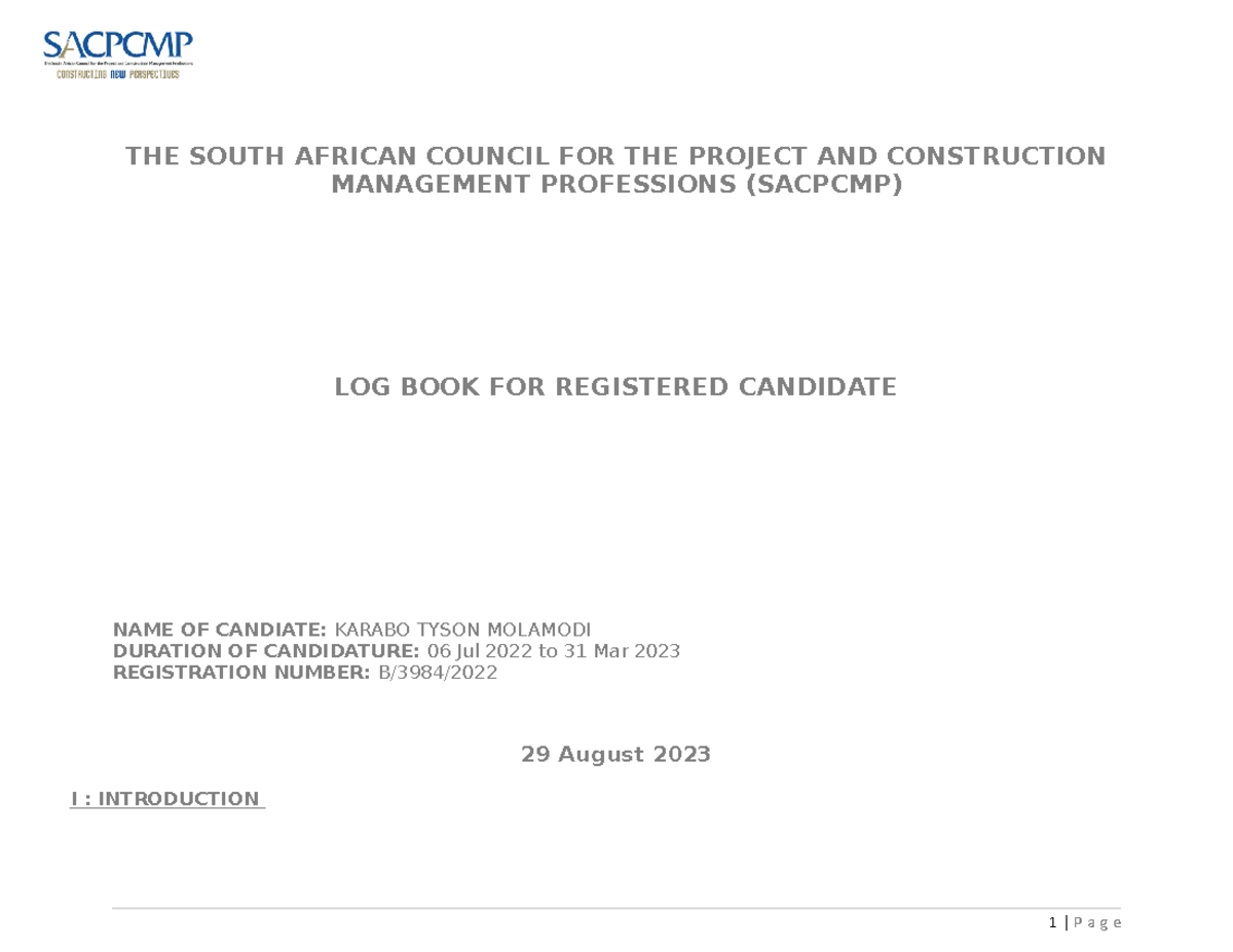 Logbook for Registered Candidate: SACPCMP, Project Manager Insight ...