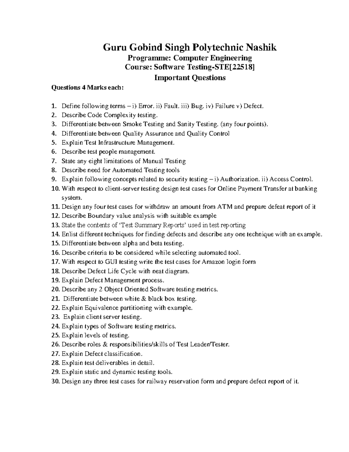 STE[22518] Important Questions for Software Testing Exam - Studocu