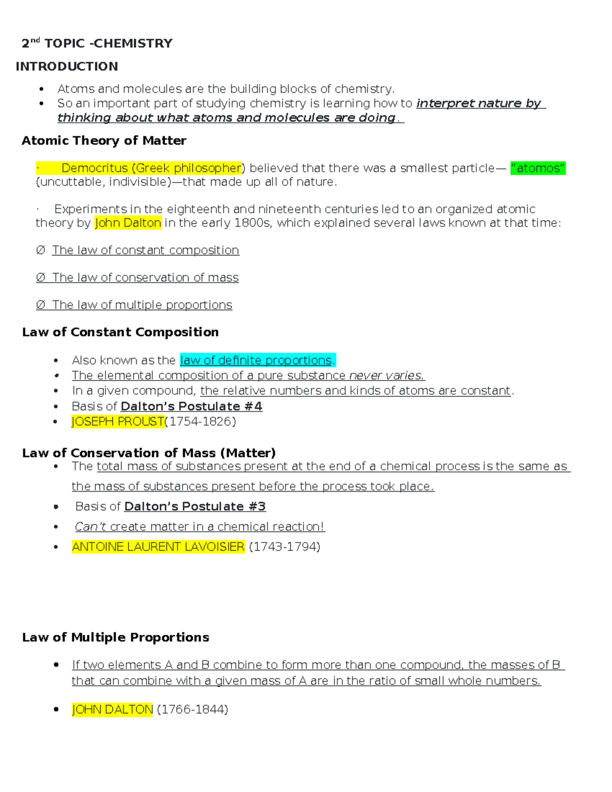 2nd Topic Chemistry - 2 nd TOPIC -CHEMISTRY INTRODUCTION Atoms and ...