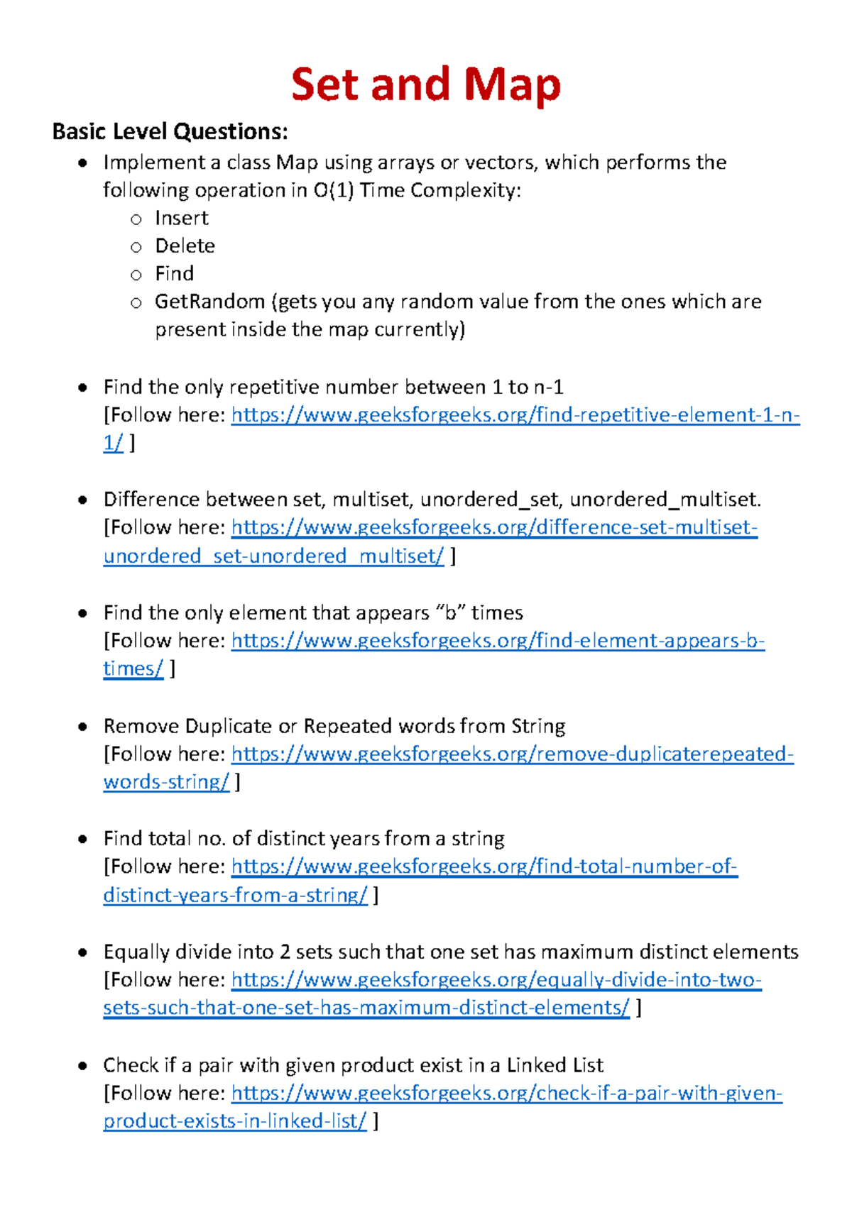 Set and Map Basic Level Questions: O(1) Operations and Challenges - Studocu