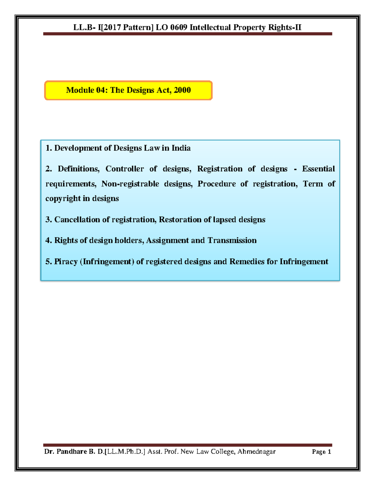 LO 0609 Intellectual Property: Overview of The Designs Act 2000 and Its ...