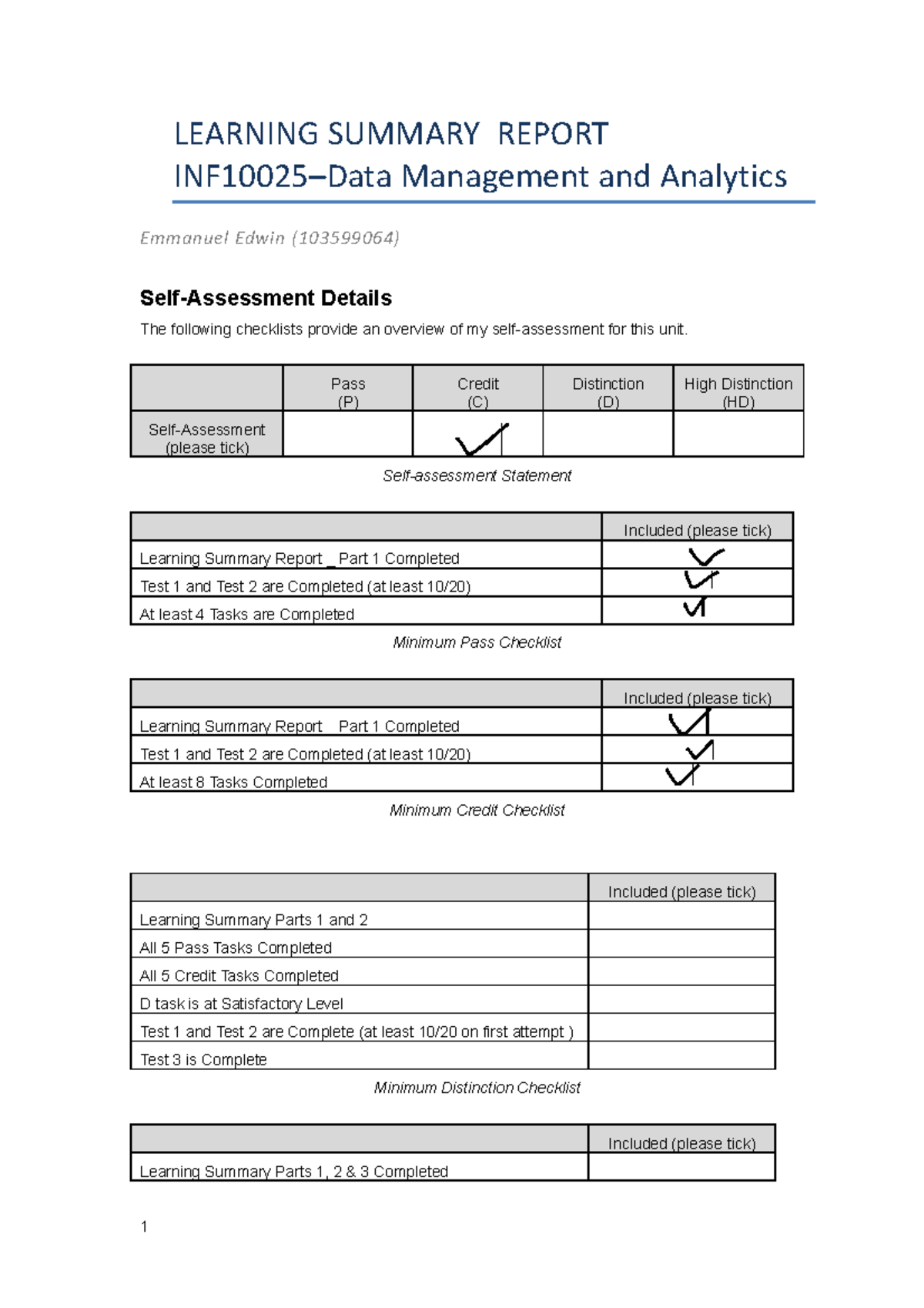 INF10025 Learning Summary Report: Self-Assessment & Reflections - Studocu