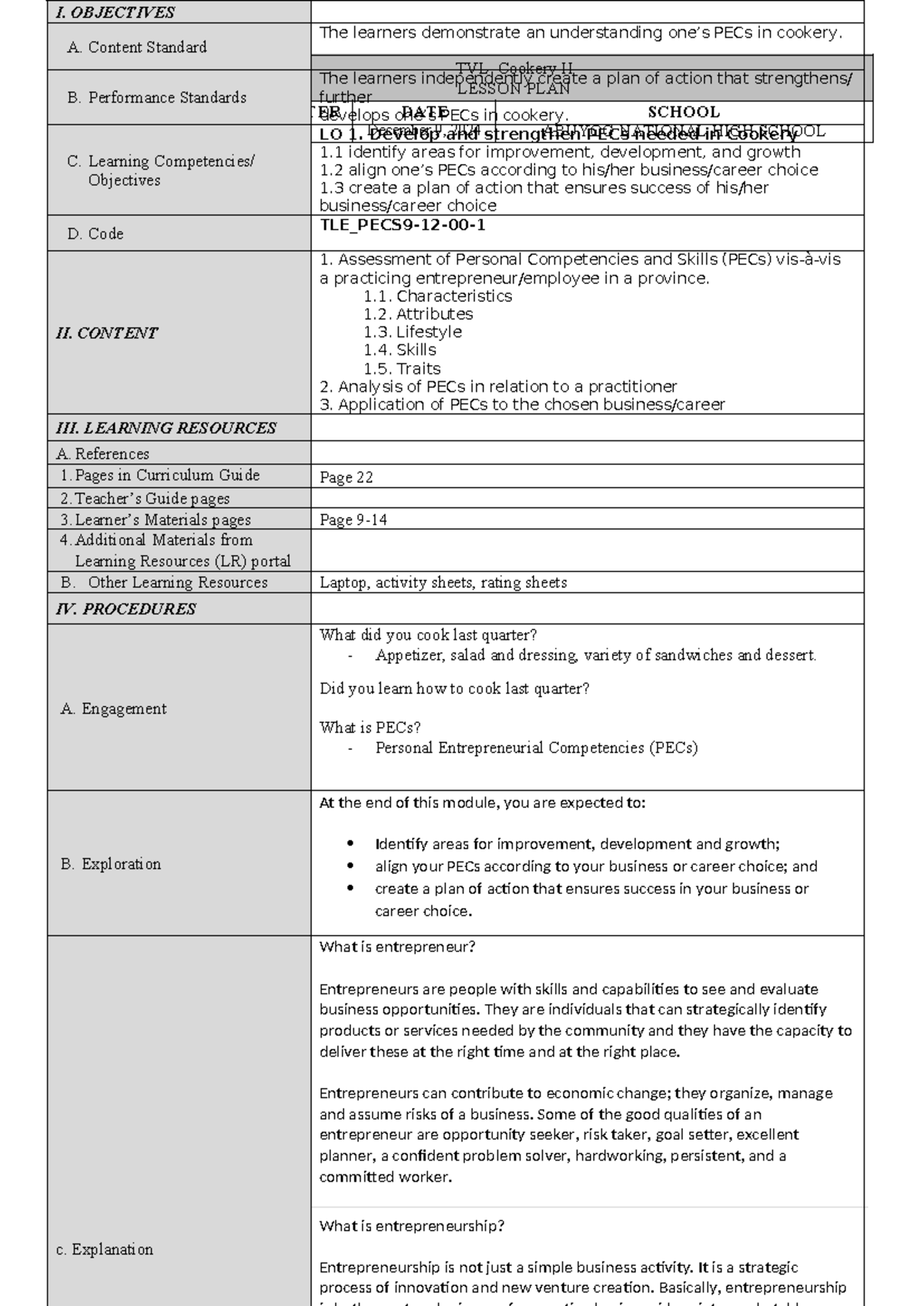 1. LP-Cooker II-Q3 - lesson plan in cookery - TVL- Cookery II LESSON ...