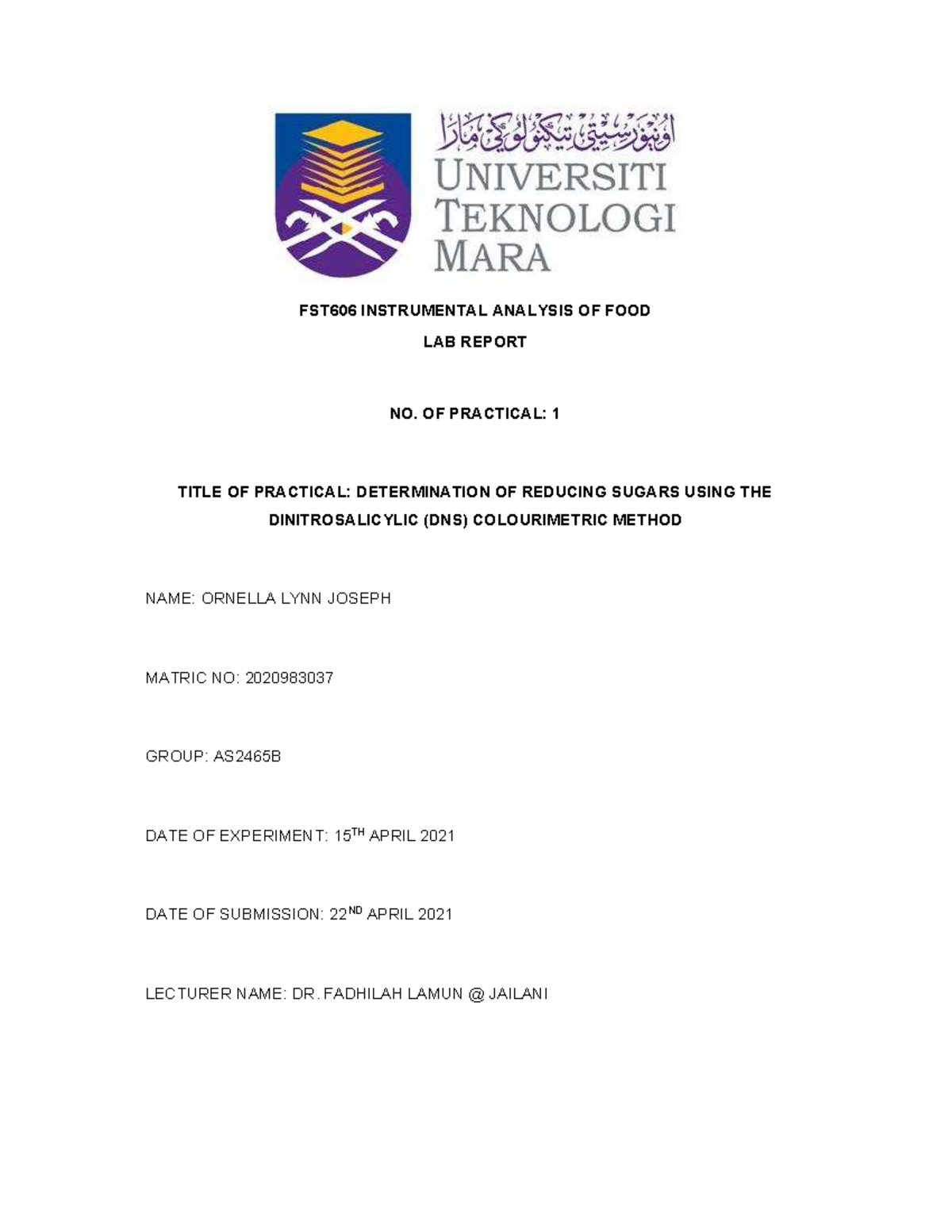 FST606 Practical 1 - FST606 INSTRUMENTAL ANALYSIS OF FOOD LAB REPORT NO ...