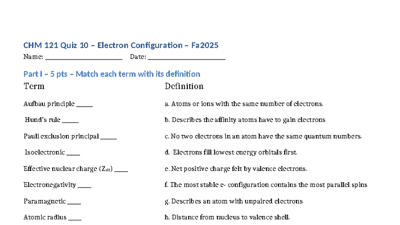 CHM 121 Quiz 10: Electron Configuration & Orbital Diagrams Fa2025 - Studocu