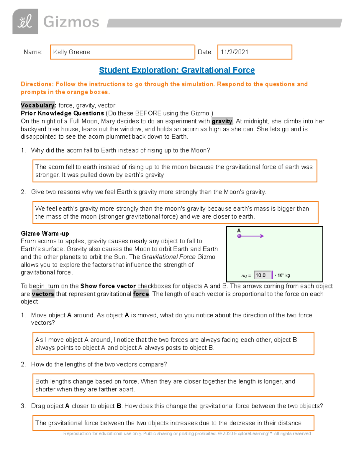 Gizmo SE: Exploring Gravitational Force Concepts and Calculations - Studocu
