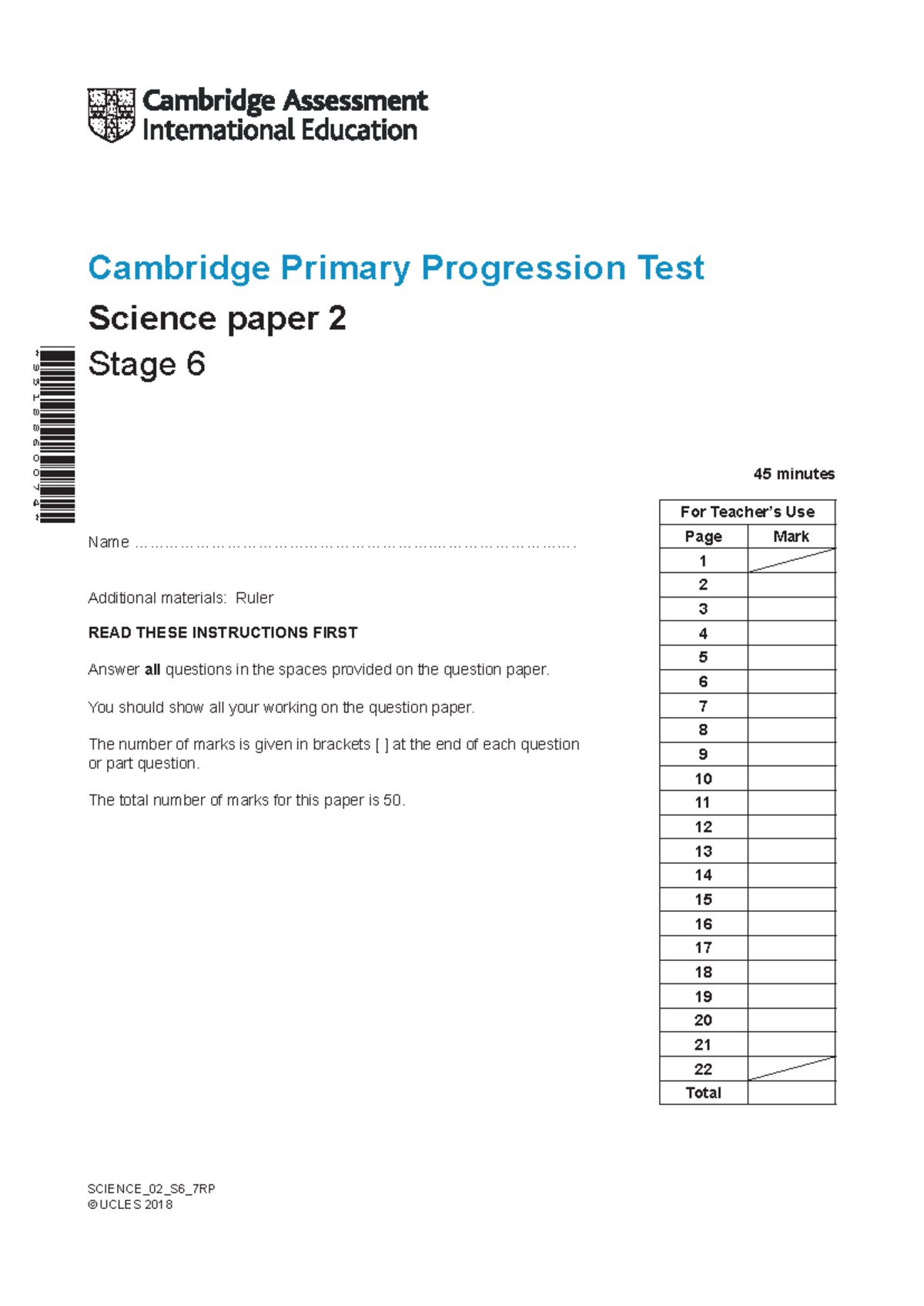 Cambridge Primary Progression Test - Science Paper 2 Stage 6 2018 - Studocu