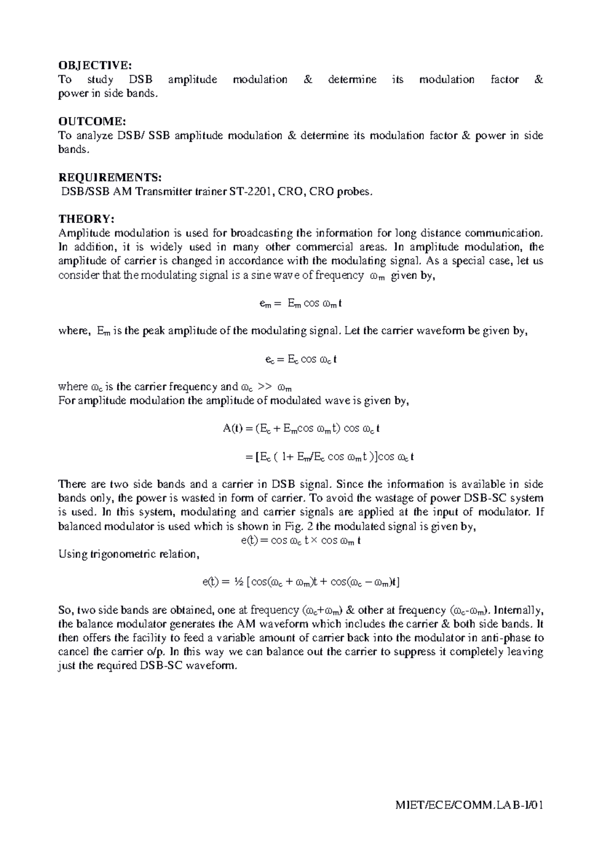 Comm Lab - I REC-552: Study of Amplitude & Frequency Modulation ...