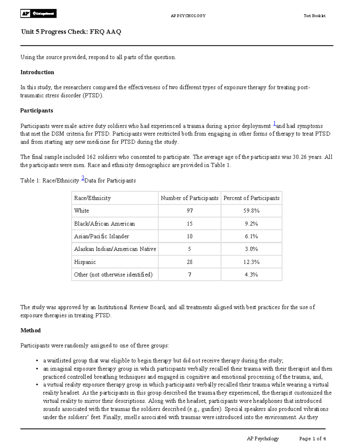 AP PSYCHOLOGY Unit 5 Progress Check: FRQ AAQ Study on PTSD Therapy ...