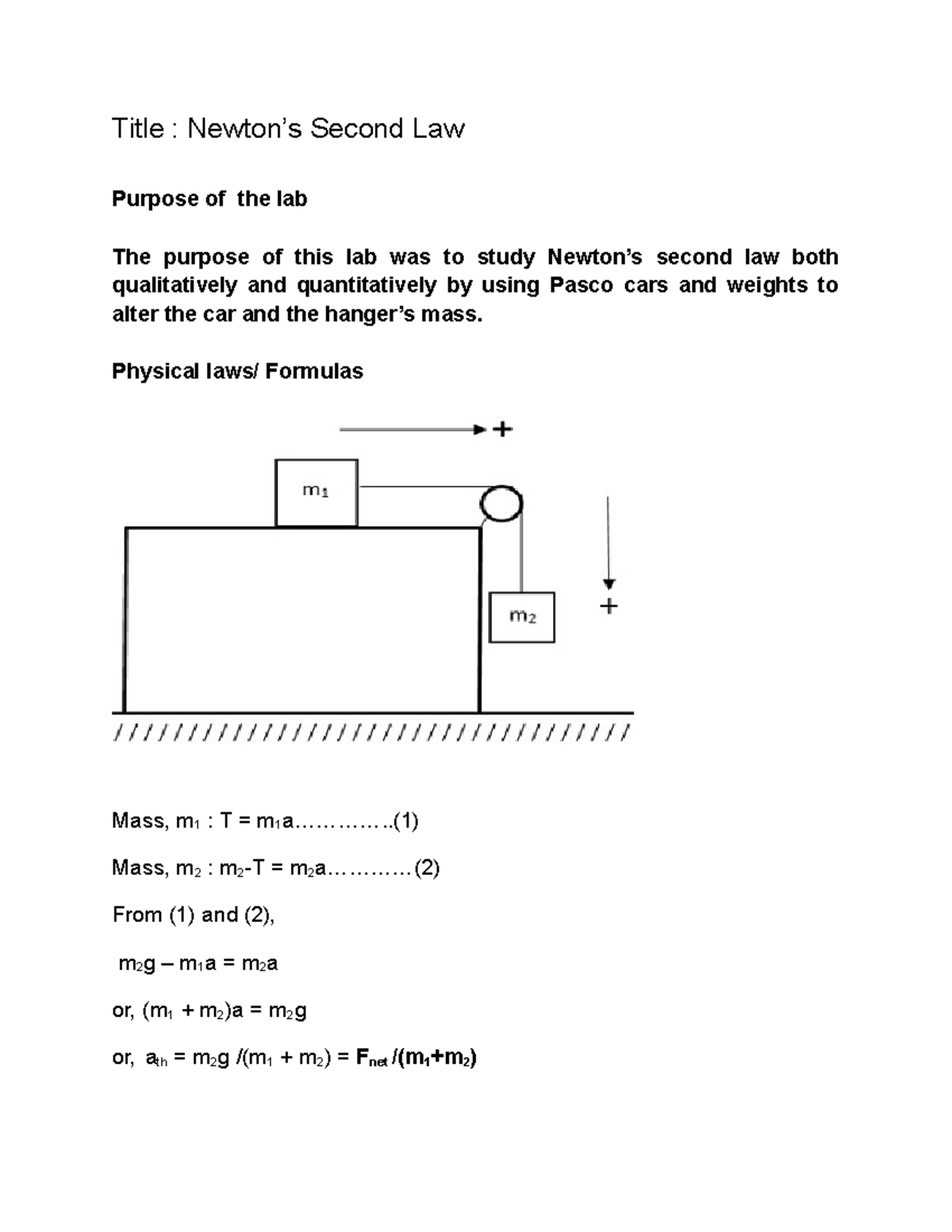 Newton's Second Law Lab Report - Title : Newton’s Second Law Purpose of ...