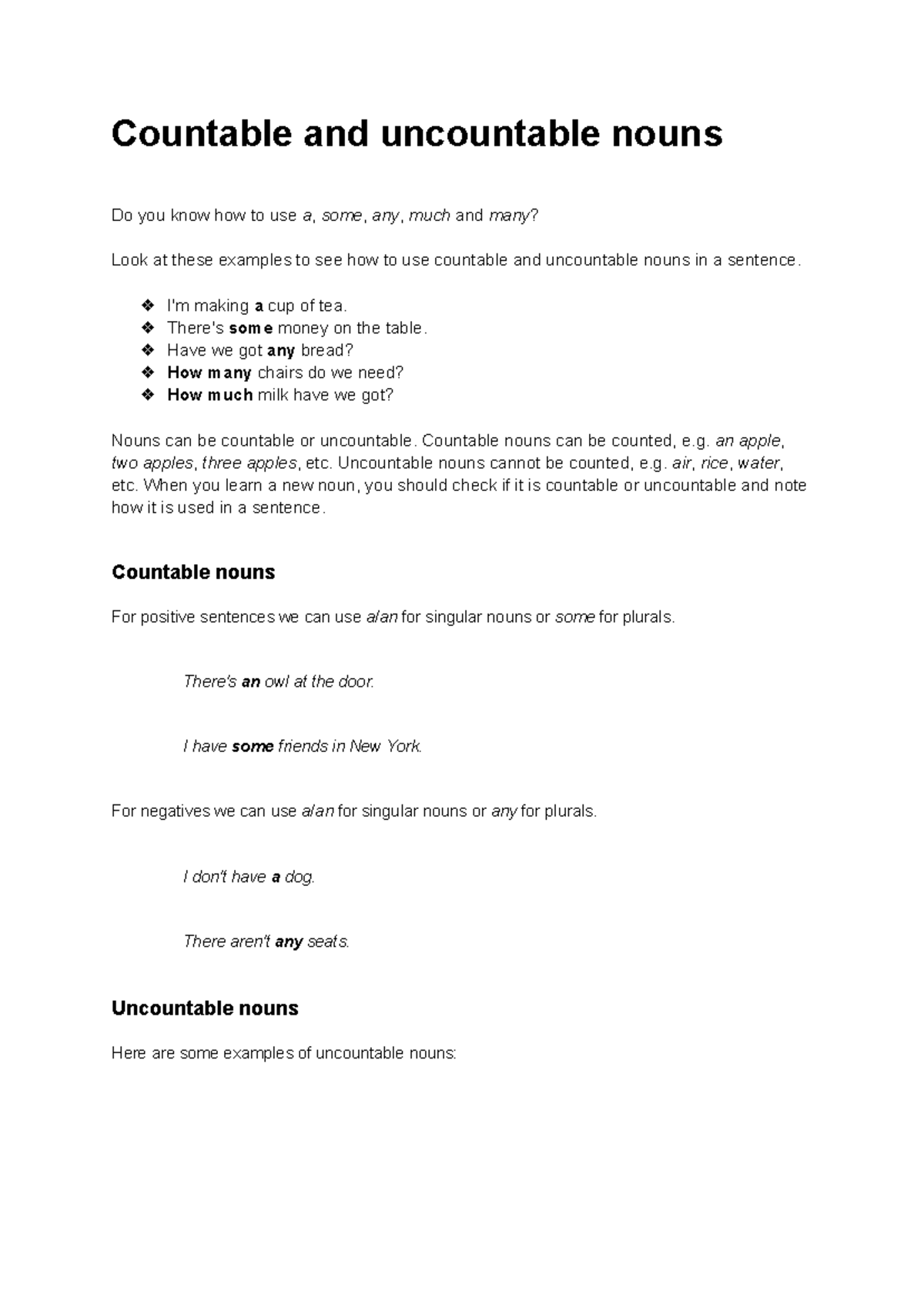 Countable and Uncountable Nouns: Usage Guide and Examples - Studocu