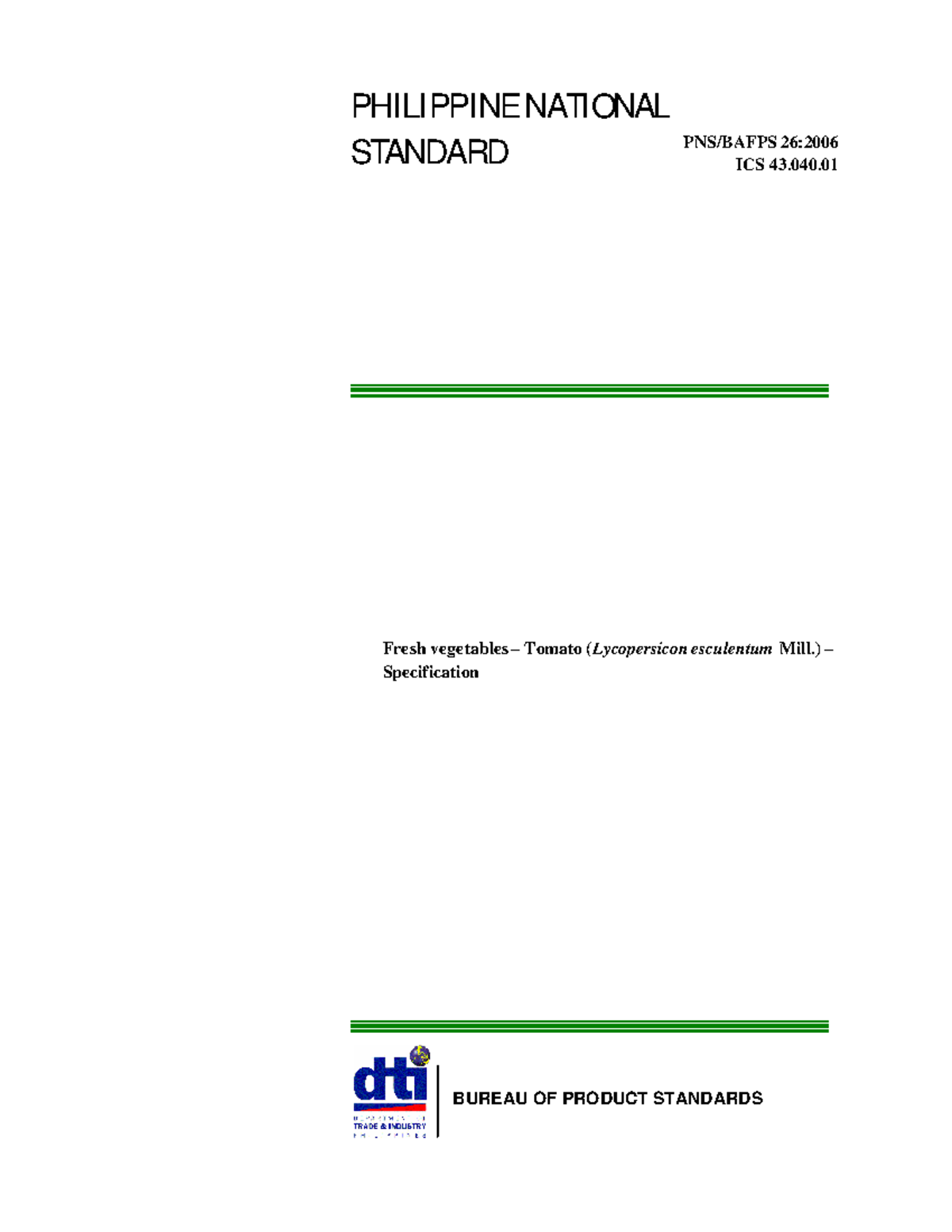 PNS-BFPS 26:2006 - Tomato Product Standard Specifications - Studocu