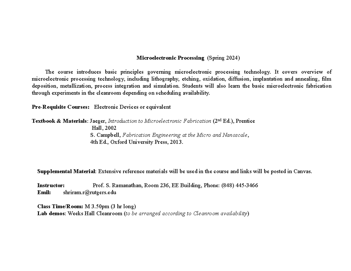 Microelectronic Processing Overview - Spring 2024 Intro Lecture - Studocu