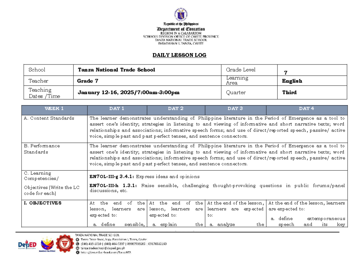 DAILY LESSON LOG: Grade 7 English - Week 1, 3rd Quarter - Studocu