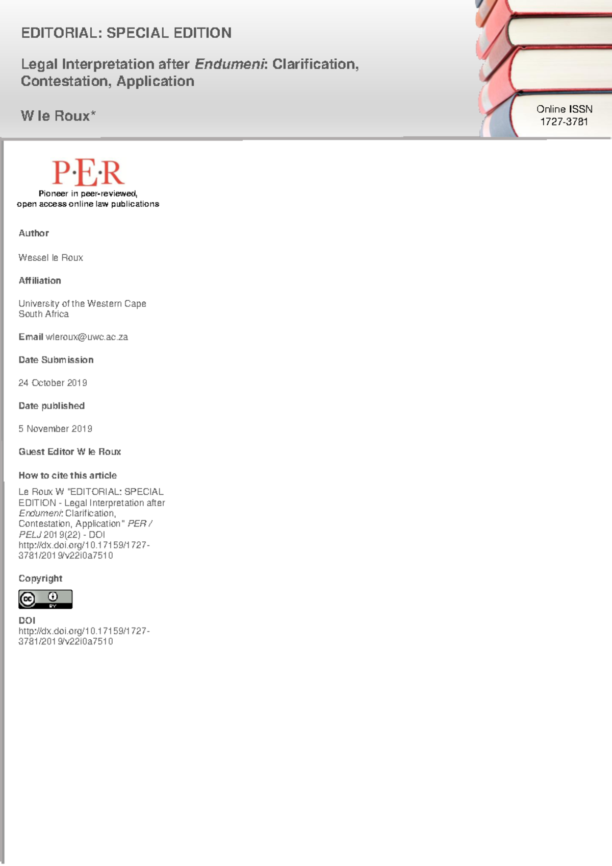 Legal Interpretation Post-Endumeni: Special Edition - PER/PELJ 2019(22 ...