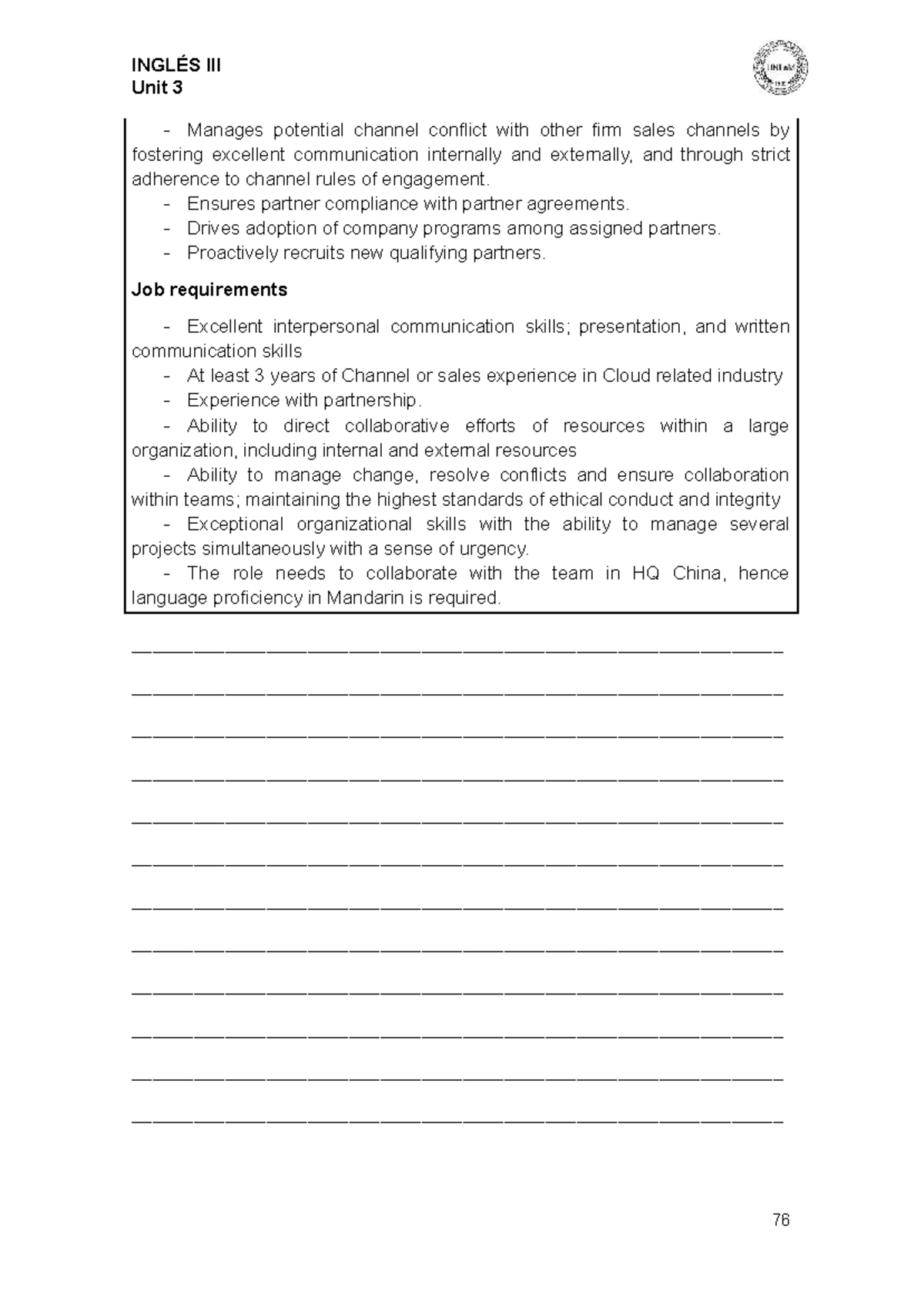 INGLÉS Unit 3: Managing Channel Conflict and Communication Skills - Studocu