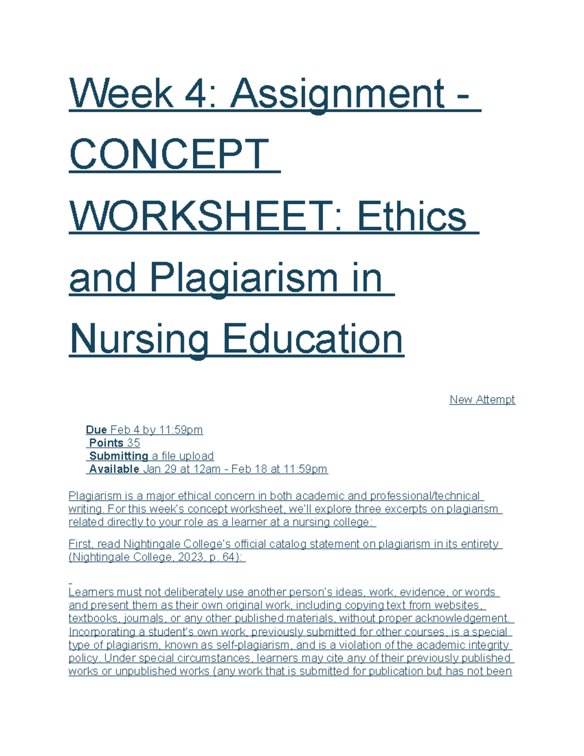 Week 4 Assignment: Concept Worksheet on Ethics & Plagiarism in Nursing ...