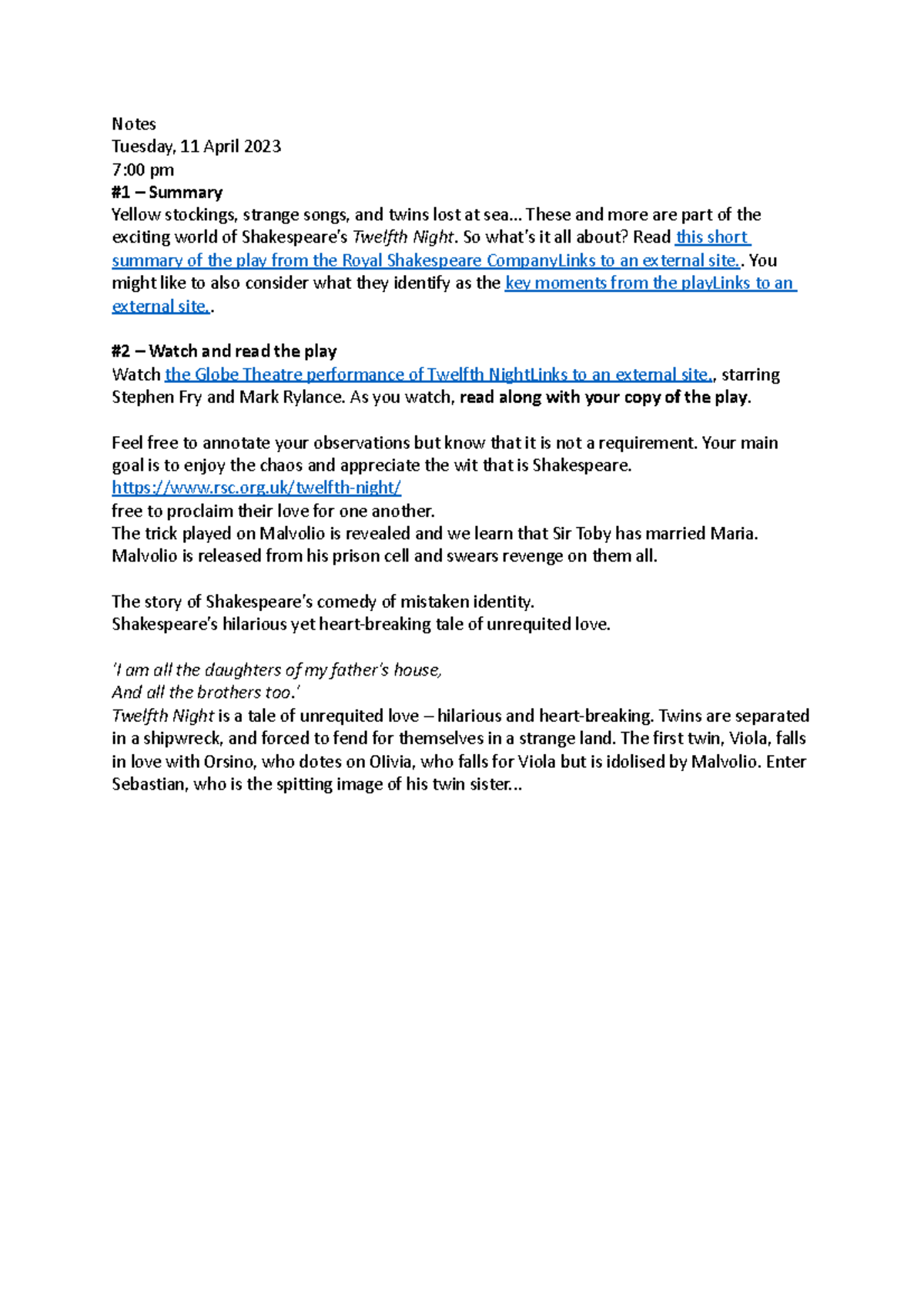 Twelfth Night Study Notes 23T2: Summary, Characters & Themes - Studocu