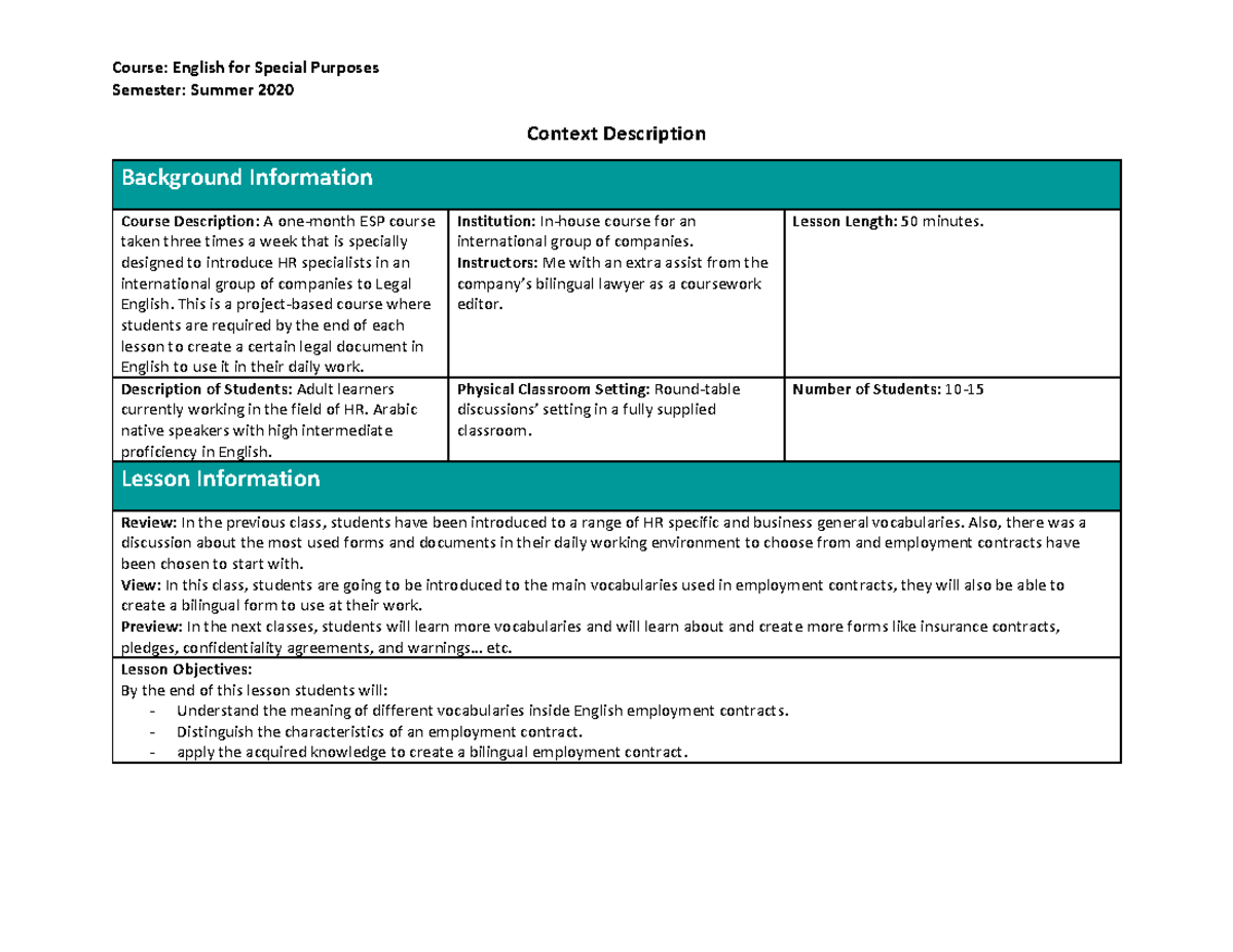 Lesson Plan - ESP - Semester: Summer 2020 Context Description ...