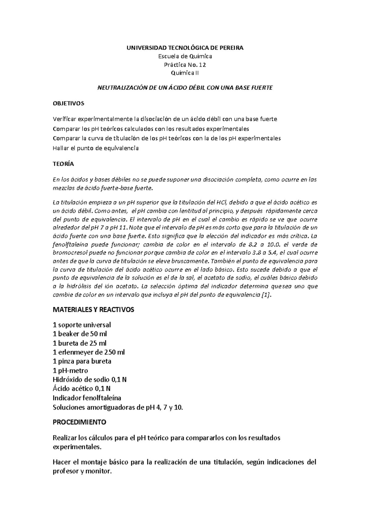 Laboratorio No. 12: Neutralización de Ácido Débil con Base Fuerte ...