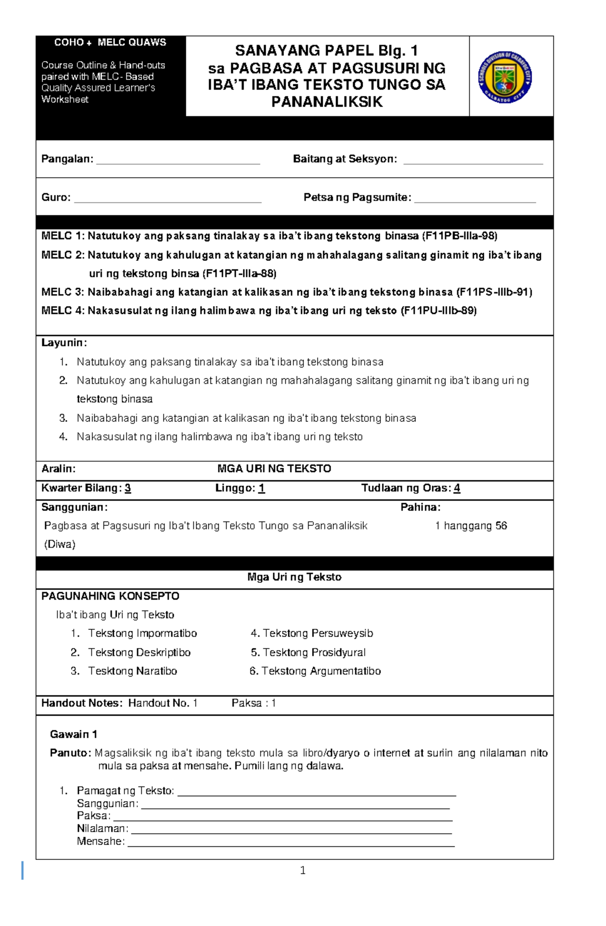 Pagbasa Worksheet w1 - MODULES IN FILIPINO - 1 COHO + MELC QUAWS ...