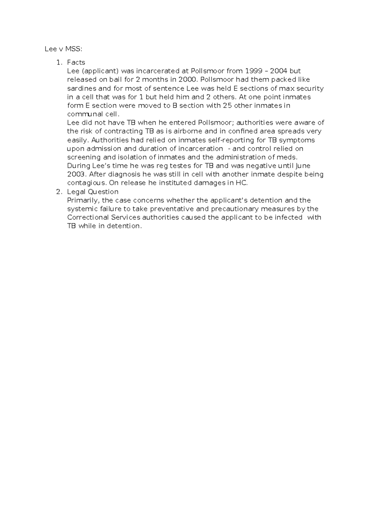 MSS v Lee: Case Summary on TB Infection in Detention - Studocu