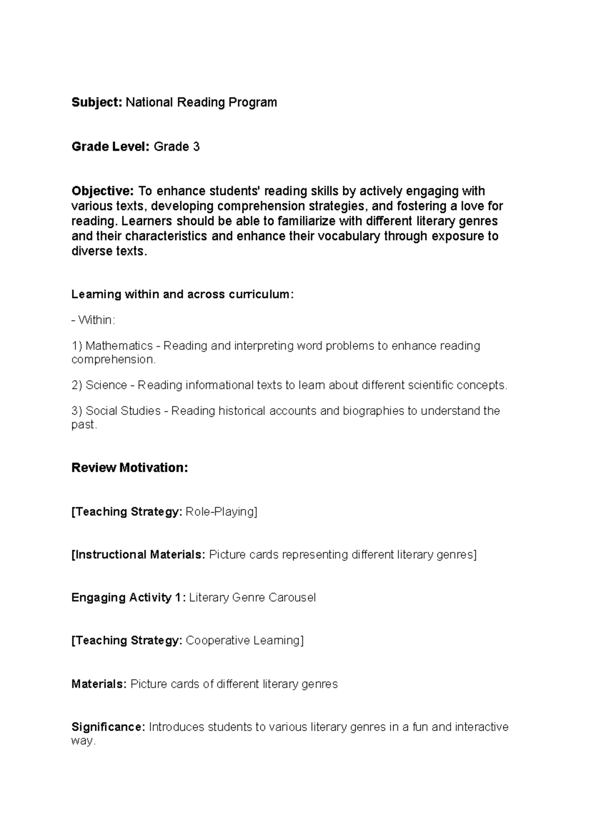 NRP Lesson Plan for Grade 3: Enhancing Reading Skills & Genres - Studocu