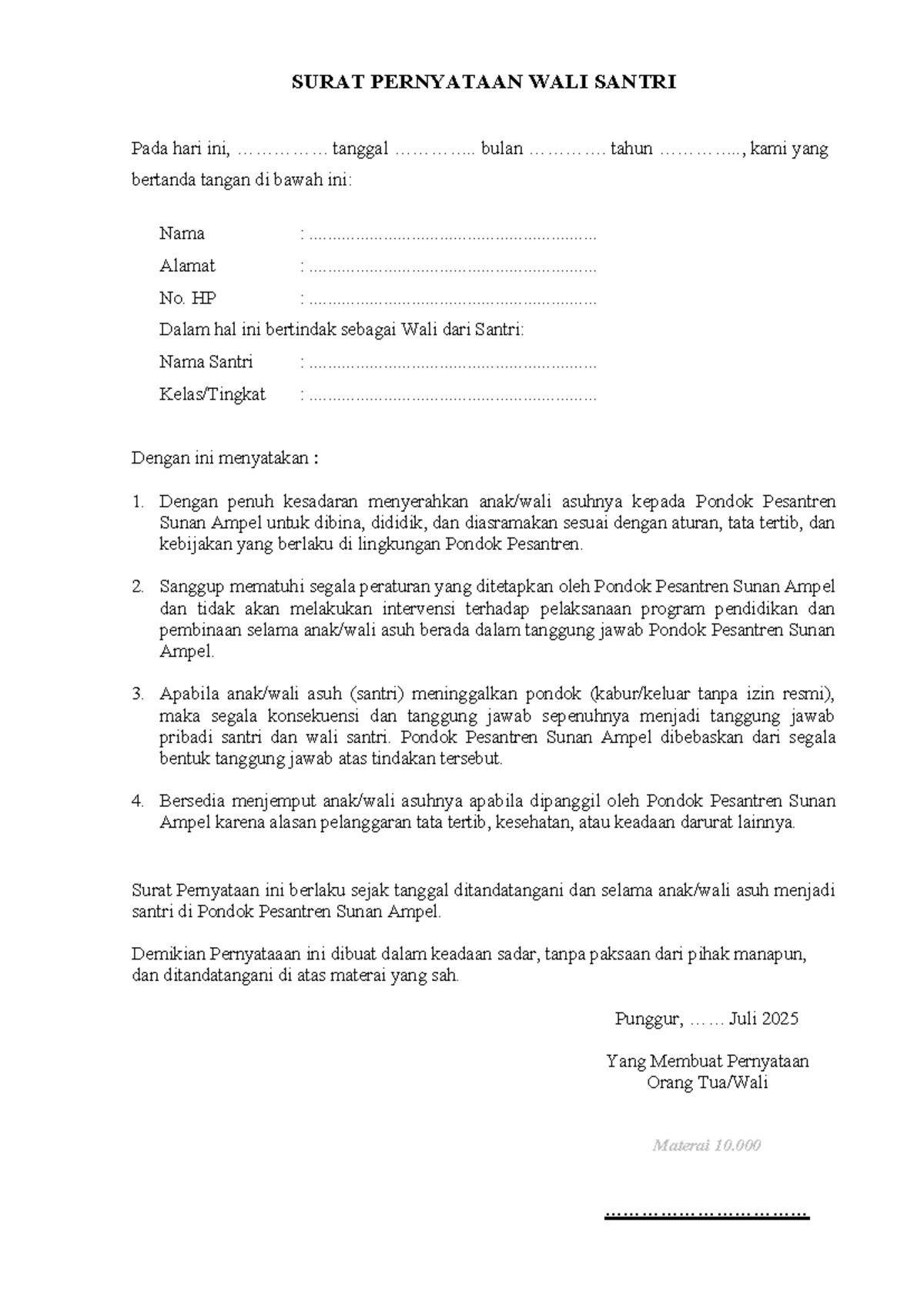 Surat Pernyataan Wali Santri di Pondok Pesantren Sunan Ampel - Studocu