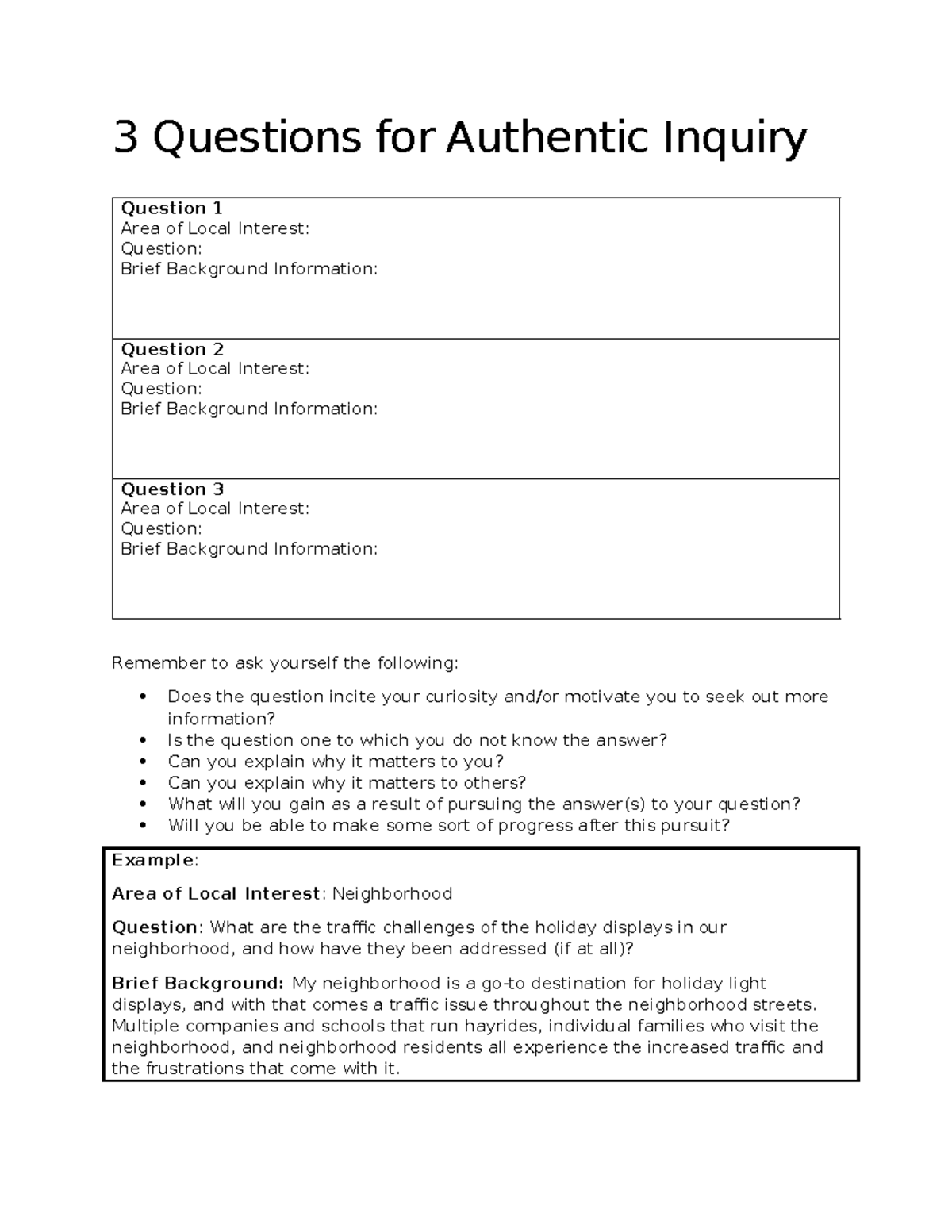 3 Questions for Authentic Inquiry: Exploring Local Interests - Studocu