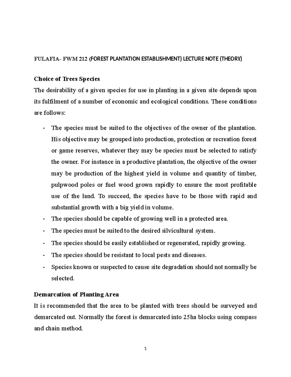 FWM 212: Lecture Notes on Forest Plantation Establishment - Studocu