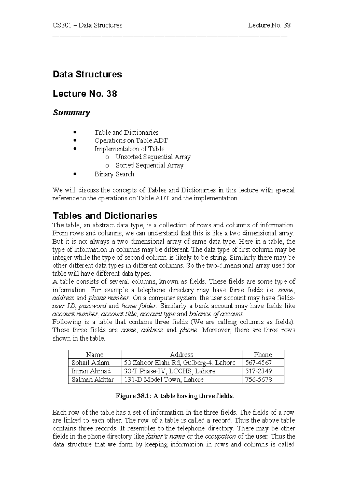 CS301 Data Structures Lecture 38: Tables, Dictionaries & ADT Operations - Studocu