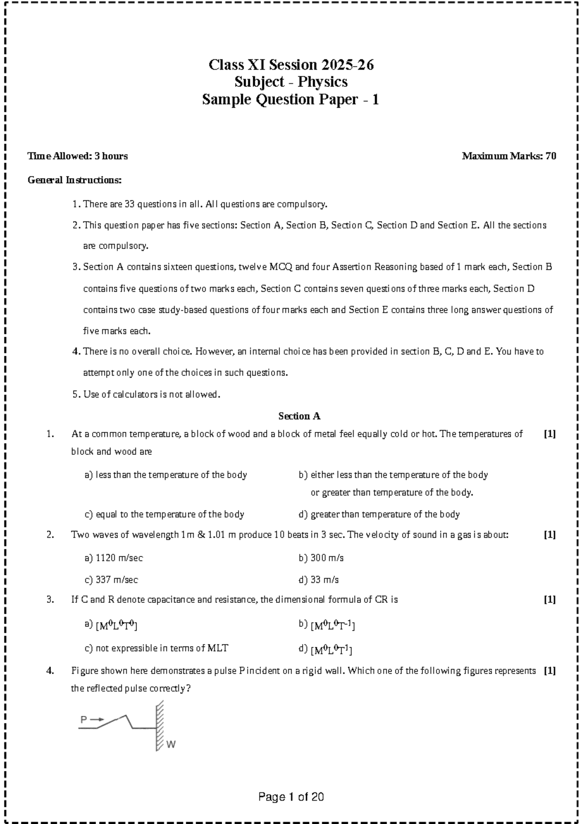 Class XI Physics Sample Question Paper 1 - 3 Hours, 70 Marks - Studocu