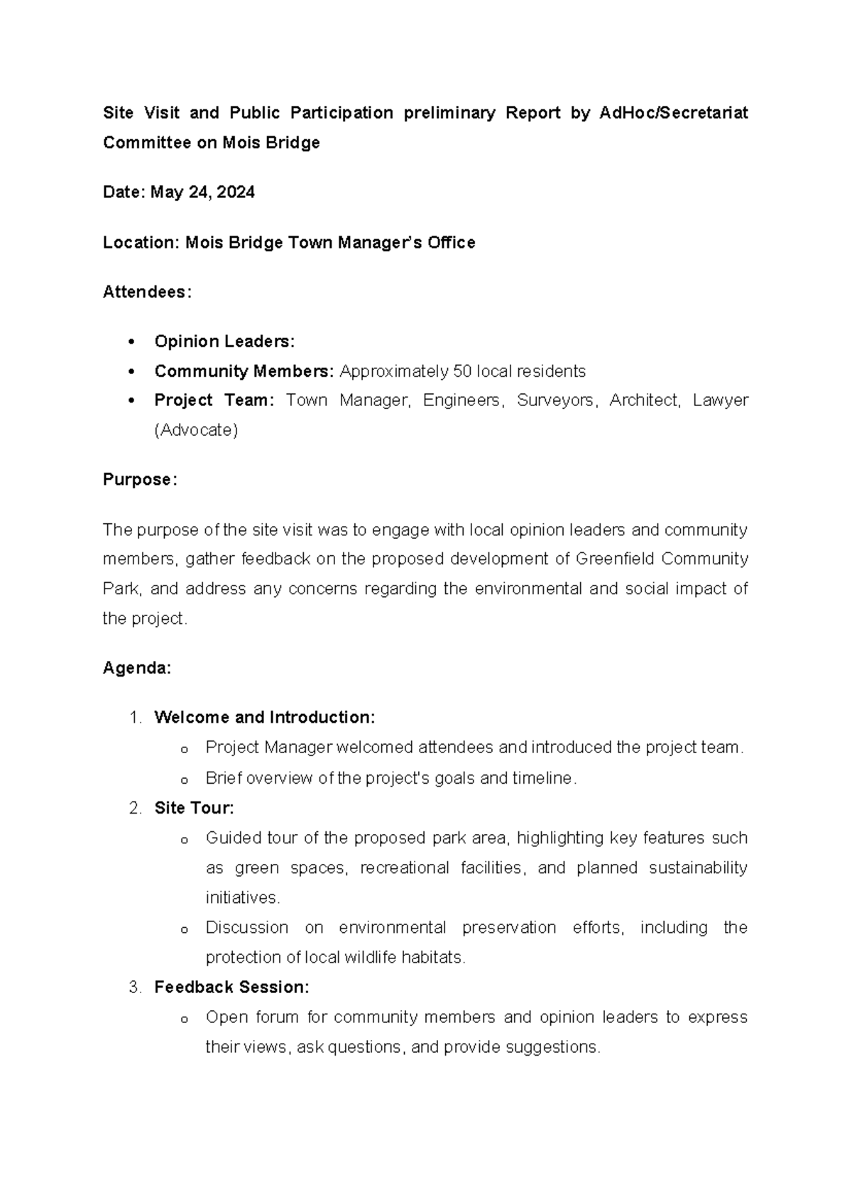 Mois Bridge Community Engagement Report: Site Visit Insights - Studocu