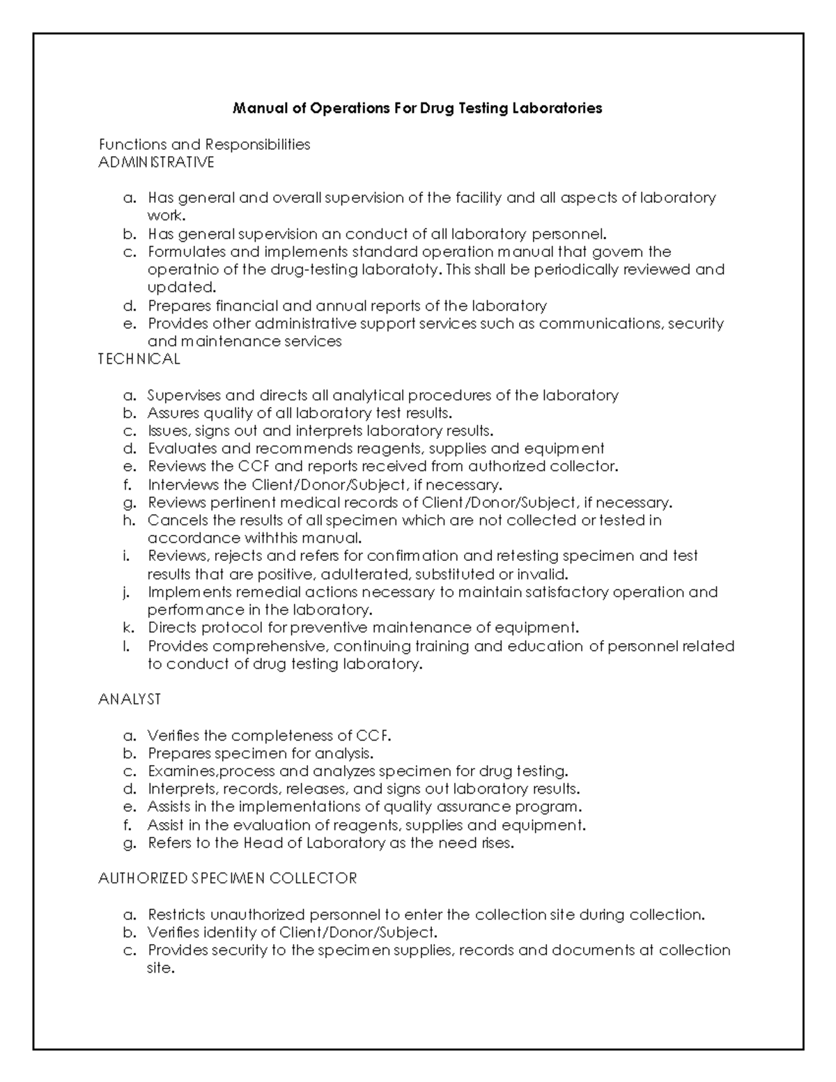 Manual of Operations for Drug Testing Laboratories: Functions ...