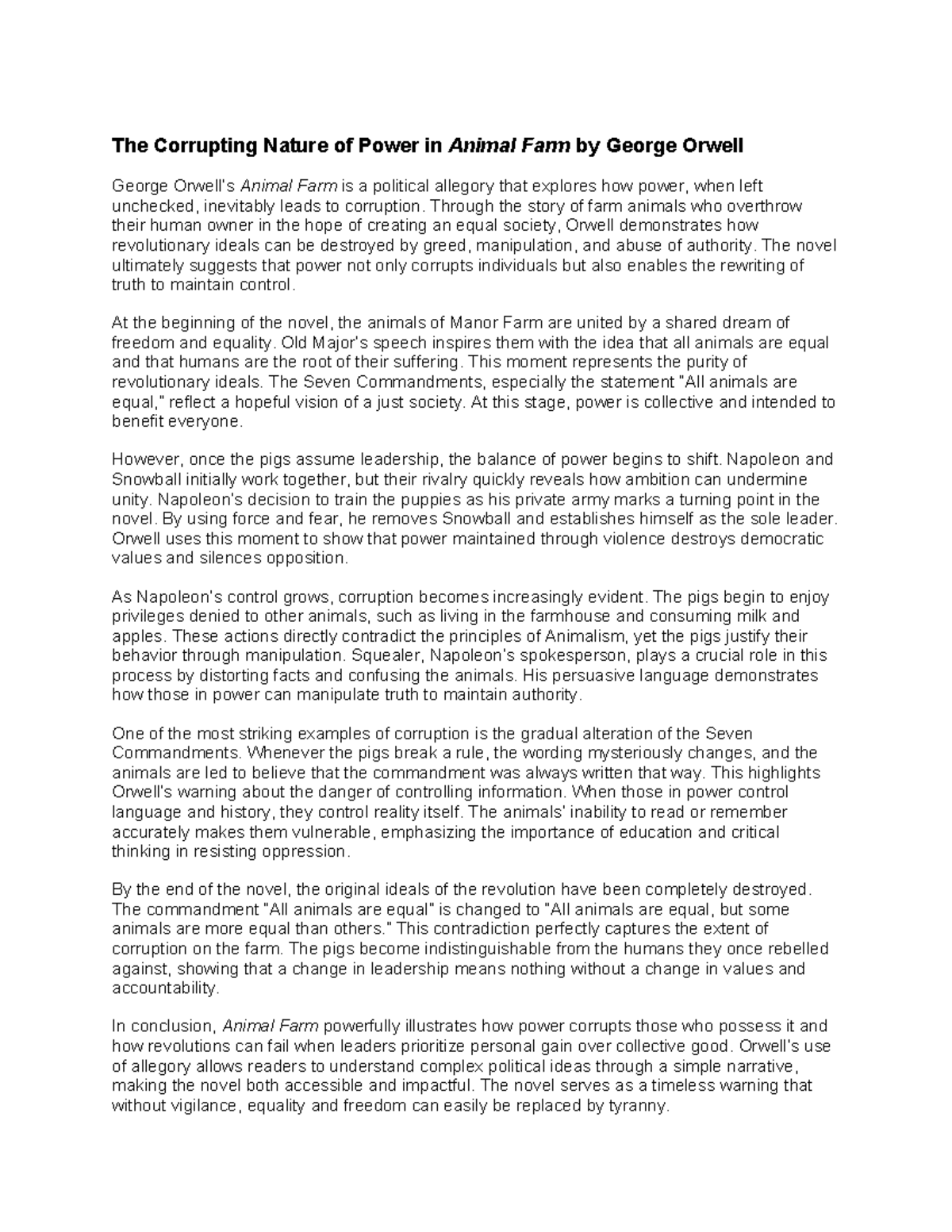 ENG 101 Essay: The Corrupting Nature of Power in Animal Farm - Studocu