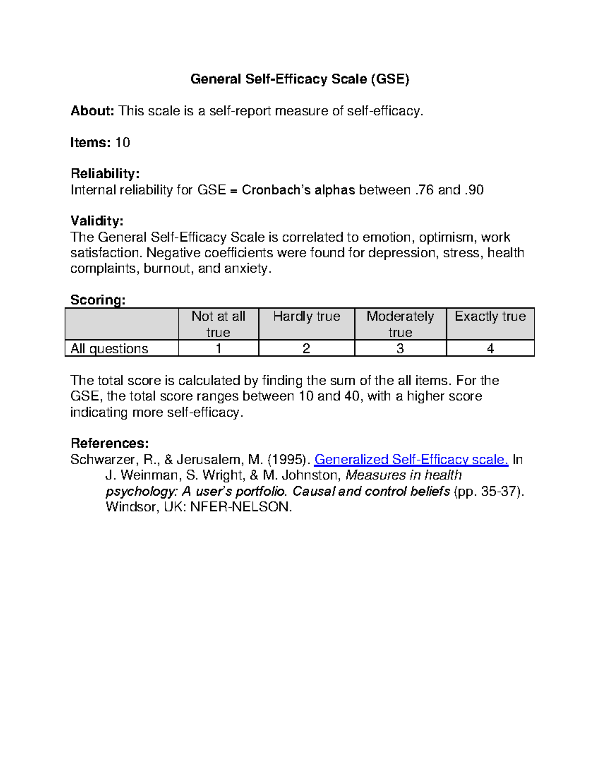 General Self-Efficacy Scale (GSE) - Measure, Items, and Scoring Guide ...
