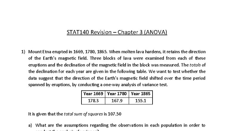 STAT140 Chapter 3 - ANOVA Questions and Analysis - Studocu