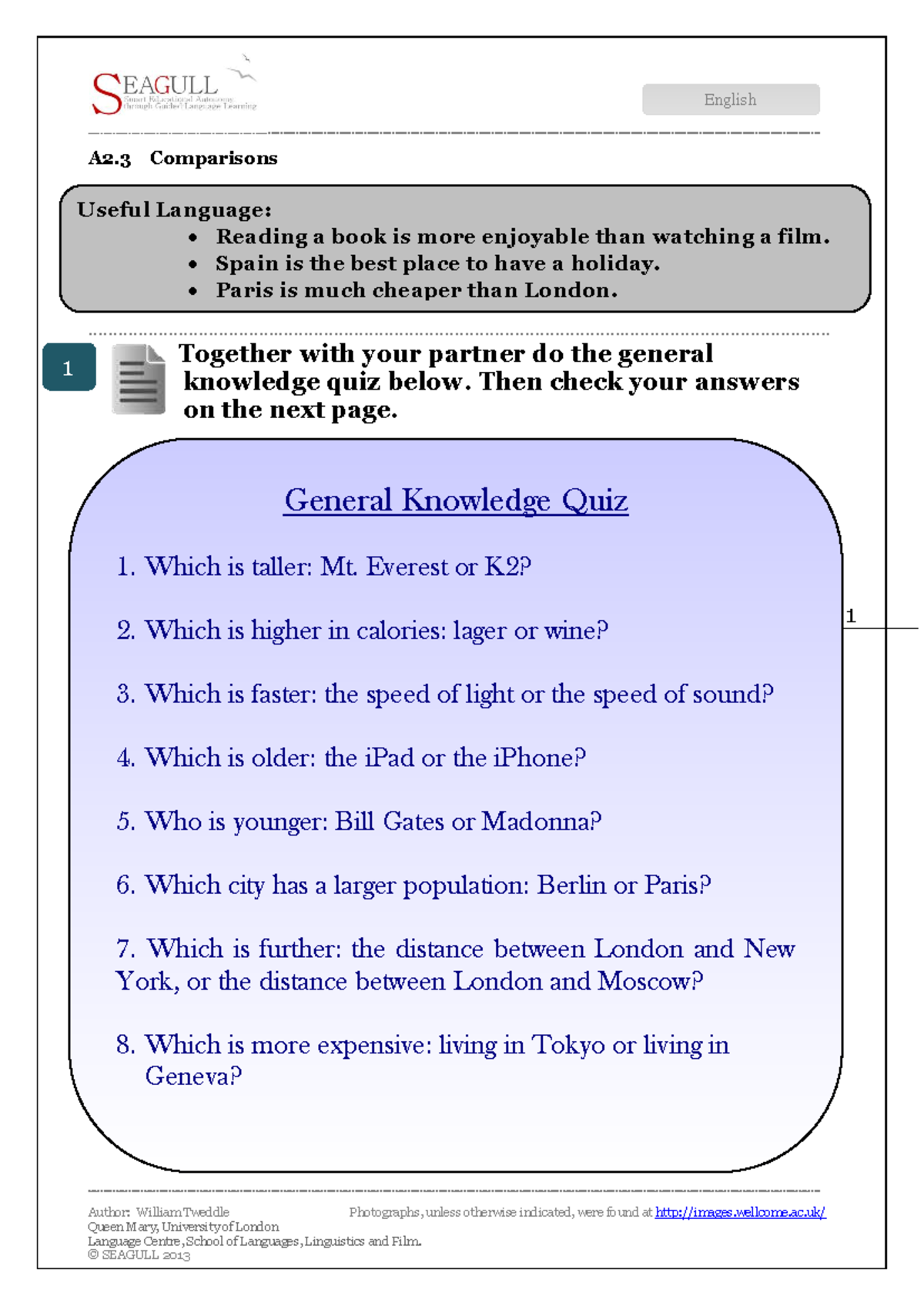 English A2.3 Comparisons: Useful Language & Quiz Answers - Studocu