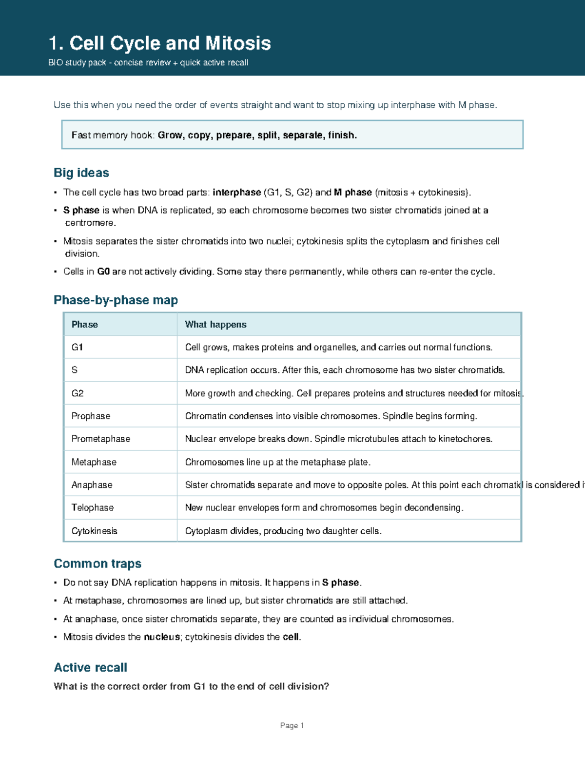 BIO 101: Cell Cycle & Mitosis Study Pack - Quick Review Guide - Studocu