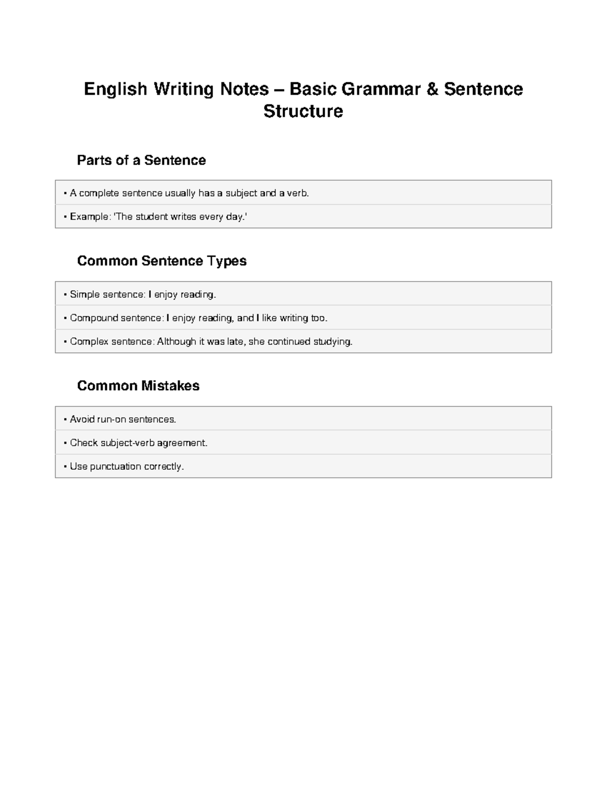 Basic Grammar and Sentence Structure - English Writing Notes – Basic ...