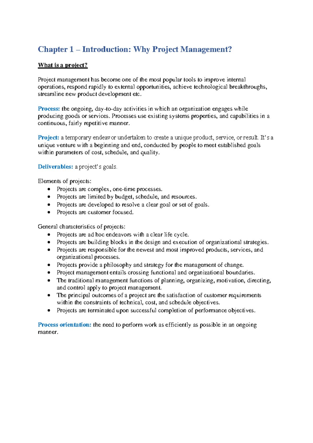 Project Management Chapter 1 Overview - 4th Edition Insights - Studeersnel