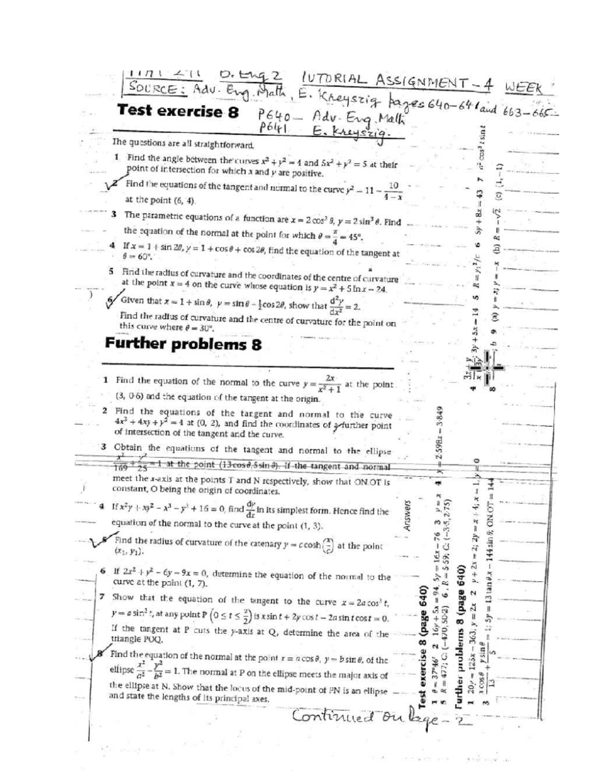 211 Adv. Eng. Math II Tutorial Assignment 4: Curvature & Tangents - Studocu