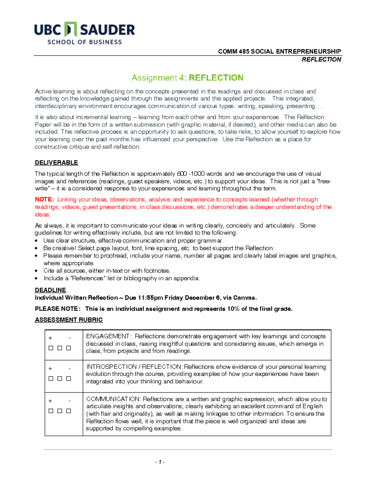 COMM 485 Social Entrepreneurship Reflection Paper Assignment 4 - Studocu