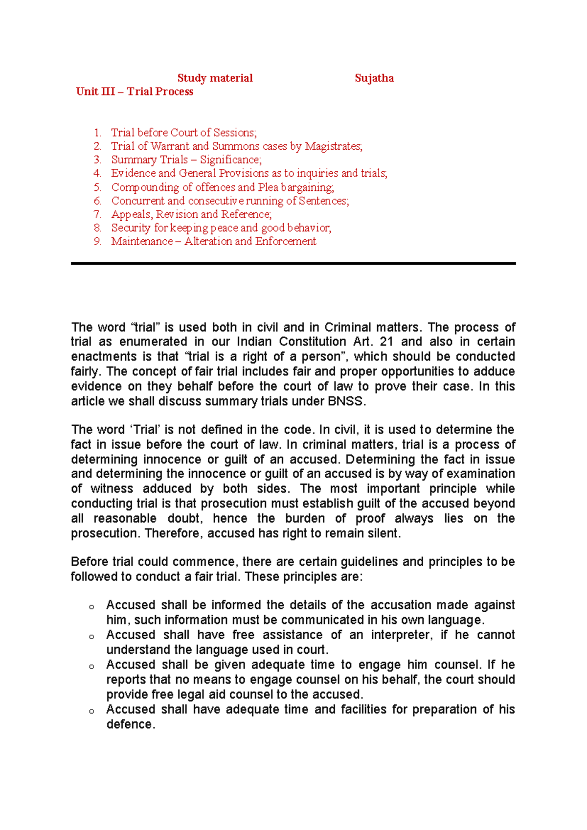 BNSS Notes: Unit III - Trial Process Overview and Key Provisions - Studocu