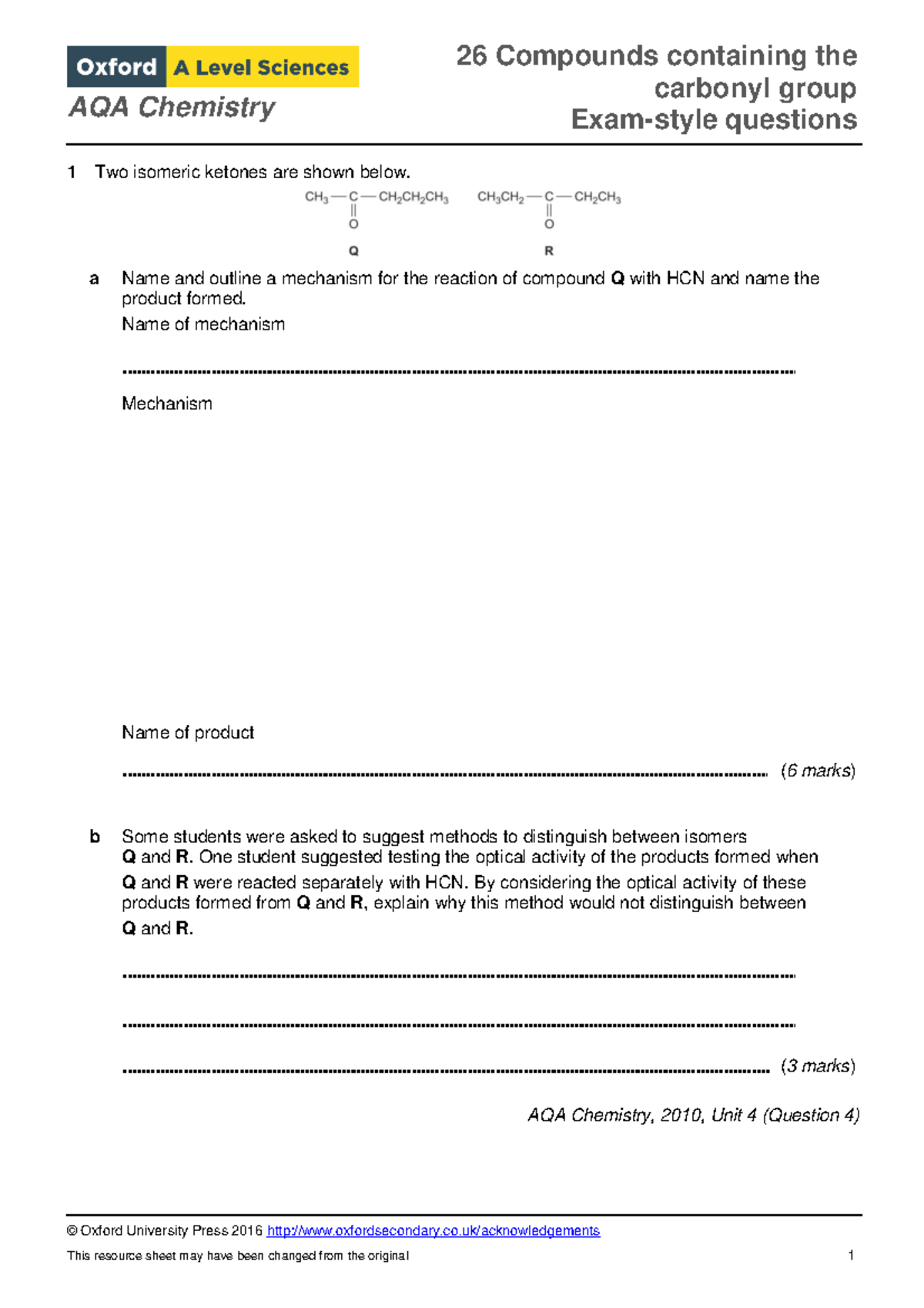 Alevel Chemistry Tutorial - C26 - Exam Questions on Carbonyls - Studocu