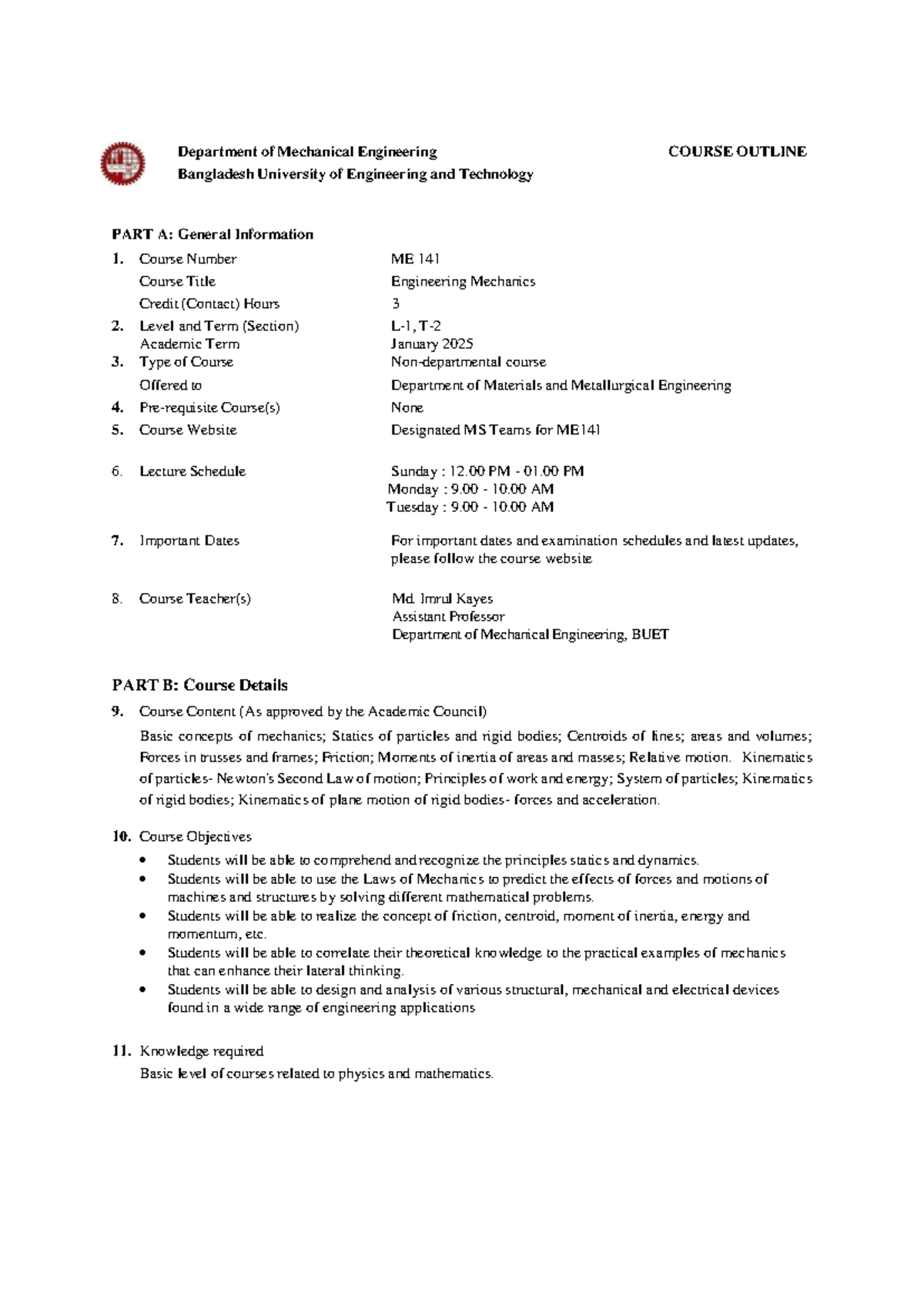 ME 141 Engineering Mechanics Course Outline - Jan 2025 - Studocu