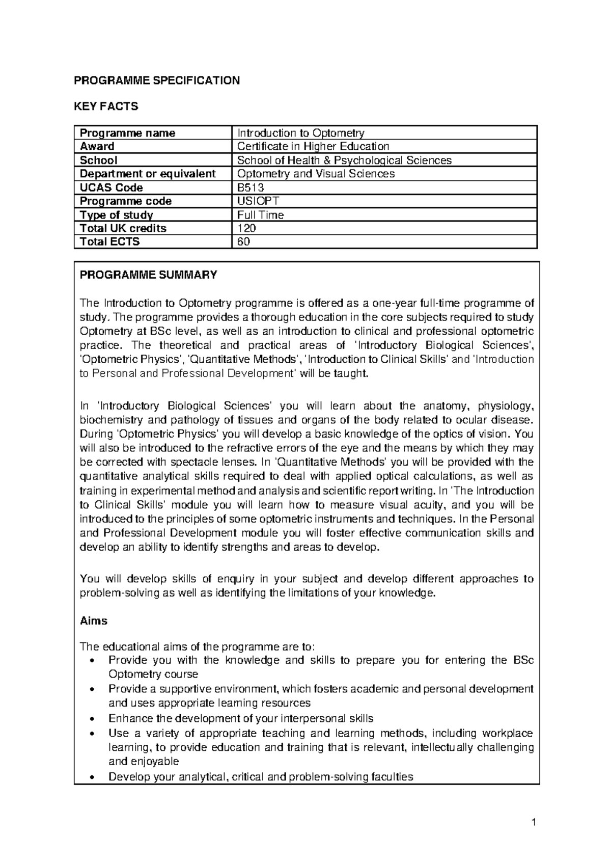 USIOPT Introduction to Optometry Programme Overview and Aims - Studocu