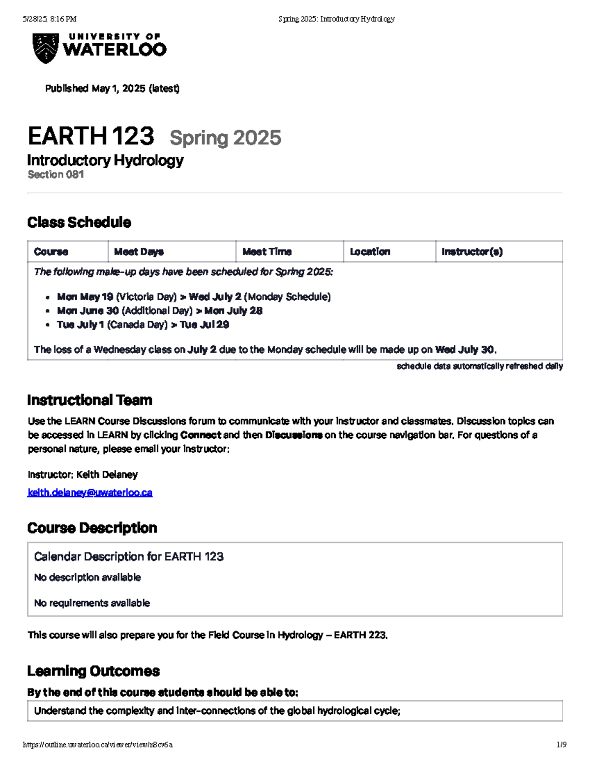 EARTH 123 Spring 2025: Introductory Hydrology Class Schedule & Details ...