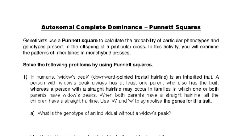 Autosomal Complete Dominance: Punnett Squares Study Guide - Studocu