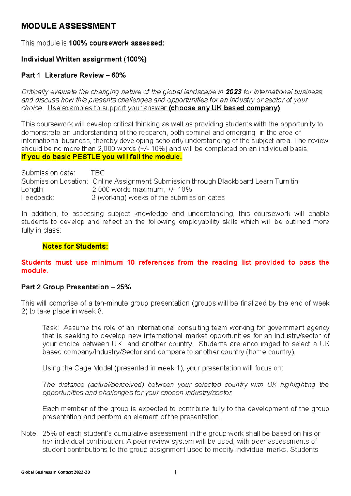Global Business Module Assessment BMG705: Coursework Overview ...